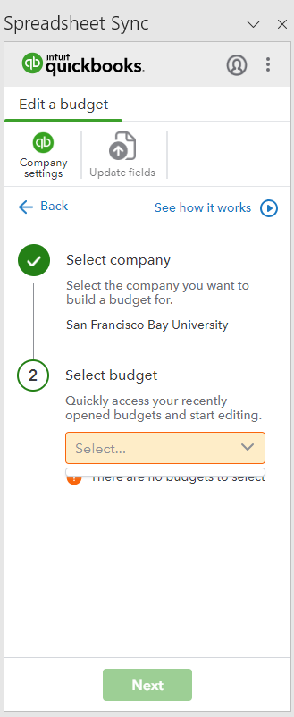 Solved: Manage Budgets using spreadsheet sync. No existing budgets there.
